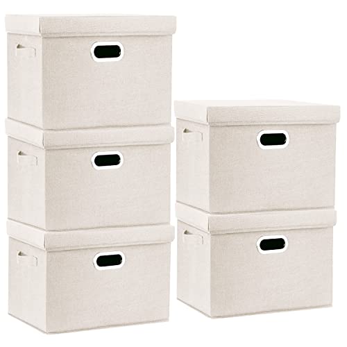 TYEERS Large Collapsible Storage Bins with Lids, Organization Bins for Closet Storage, Clothes Storage, Folding Storage Box with Lids for Home Office Storage - 5 Pack - Beige