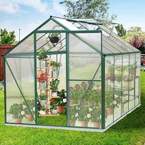 upgraded 6.2' x 10.2' hobby polycarbonate greenhouse kits: w/sliding door, 2 vent window, raised base and anchor aluminum heavy duty walk-in greenhouses for outdoor backyard in all season