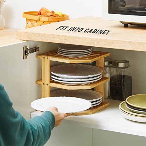 Apicizon Kitchen Corner Shelf, Plate Organizer for Cabinet, Bambo Corner Cabinet Shelf 3 Tier Kitchen Pantry Wall Mount Kitchen Storage Shelves Organizer, Natural