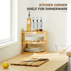 Apicizon Kitchen Corner Shelf, Plate Organizer for Cabinet, Bambo Corner Cabinet Shelf 3 Tier Kitchen Pantry Wall Mount Kitchen Storage Shelves Organizer, Natural