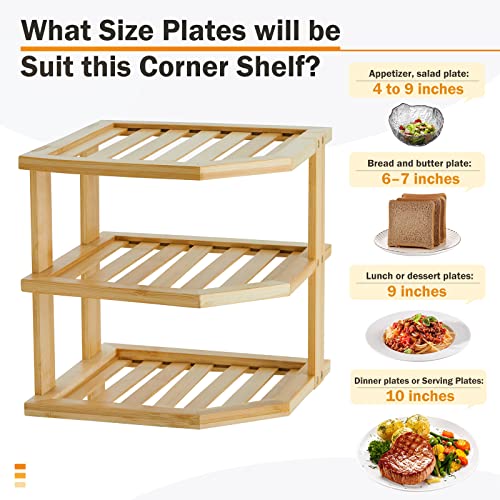 Apicizon Kitchen Corner Shelf, Plate Organizer for Cabinet, Bambo Corner Cabinet Shelf 3 Tier Kitchen Pantry Wall Mount Kitchen Storage Shelves Organizer, Natural