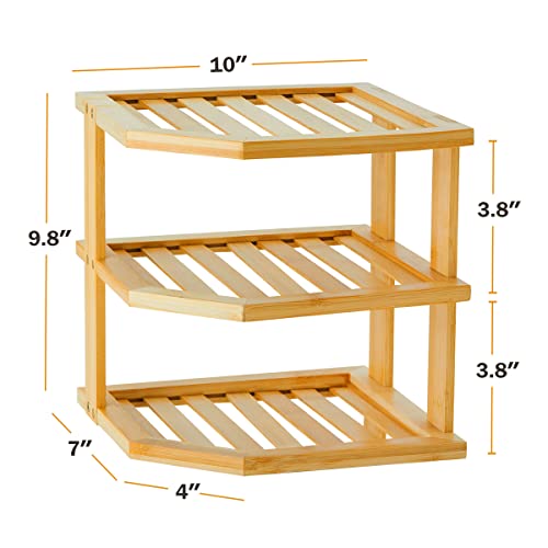 Apicizon Kitchen Corner Shelf, Plate Organizer for Cabinet, Bambo Corner Cabinet Shelf 3 Tier Kitchen Pantry Wall Mount Kitchen Storage Shelves Organizer, Natural