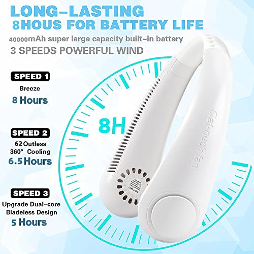 WWMMJA Portable Neck Fan,Hands Free Bladeless Fan, 360° Cooling Personal Wearable Fan 3 Speeds 4000mAh Rechargeable Battery Operated, No Hair Twisting, Headphone Design Neck Fan for Women Men (White)