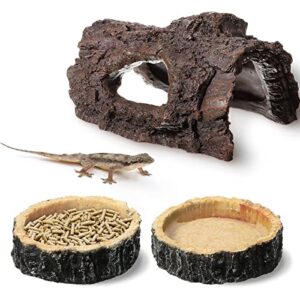 reptile hide, reptile food bowls, lizard resin hollow tree trunk hideout, bearded dragon tank accessories reptile water dish habitat tank decoration for lizards, snake, gecko, 3 pcs (brown rock)