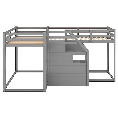 Harper & Bright Designs L Shaped Bunk Bed for 4, Wood Quad Bunk Bed with Stairs, for Kids Teens Adults (Gray)