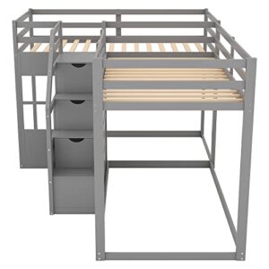 Harper & Bright Designs L Shaped Bunk Bed for 4, Wood Quad Bunk Bed with Stairs, for Kids Teens Adults (Gray)