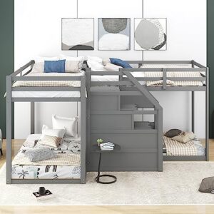 Harper & Bright Designs L Shaped Bunk Bed for 4, Wood Quad Bunk Bed with Stairs, for Kids Teens Adults (Gray)