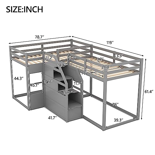 Harper & Bright Designs L Shaped Bunk Bed for 4, Wood Quad Bunk Bed with Stairs, for Kids Teens Adults (Gray)