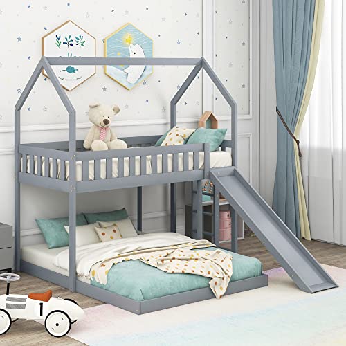 GLORHOME Twin Over Full House Bunk Bed， Detachable to Floor Bedframe and A Loftbed, with Slide, Built-in Ladder,Full-Length Guardrail for Kids Adults,Roof can be Decorated