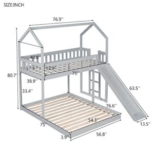 GLORHOME Twin Over Full House Bunk Bed， Detachable to Floor Bedframe and A Loftbed, with Slide, Built-in Ladder,Full-Length Guardrail for Kids Adults,Roof can be Decorated