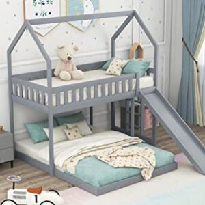 GLORHOME Twin Over Full House Bunk Bed， Detachable to Floor Bedframe and A Loftbed, with Slide, Built-in Ladder,Full-Length Guardrail for Kids Adults,Roof can be Decorated