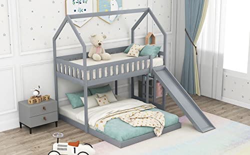 GLORHOME Twin Over Full House Bunk Bed， Detachable to Floor Bedframe and A Loftbed, with Slide, Built-in Ladder,Full-Length Guardrail for Kids Adults,Roof can be Decorated