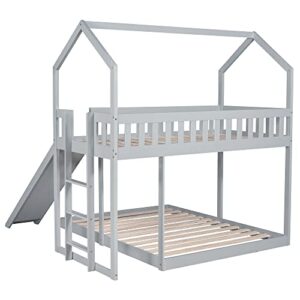 GLORHOME Twin Over Full House Bunk Bed， Detachable to Floor Bedframe and A Loftbed, with Slide, Built-in Ladder,Full-Length Guardrail for Kids Adults,Roof can be Decorated