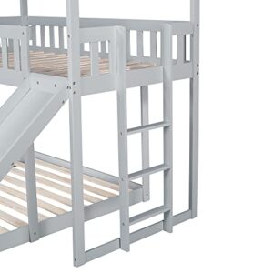 GLORHOME Twin Over Full House Bunk Bed， Detachable to Floor Bedframe and A Loftbed, with Slide, Built-in Ladder,Full-Length Guardrail for Kids Adults,Roof can be Decorated