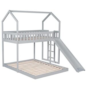 GLORHOME Twin Over Full House Bunk Bed， Detachable to Floor Bedframe and A Loftbed, with Slide, Built-in Ladder,Full-Length Guardrail for Kids Adults,Roof can be Decorated