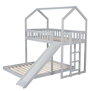 GLORHOME Twin Over Full House Bunk Bed， Detachable to Floor Bedframe and A Loftbed, with Slide, Built-in Ladder,Full-Length Guardrail for Kids Adults,Roof can be Decorated