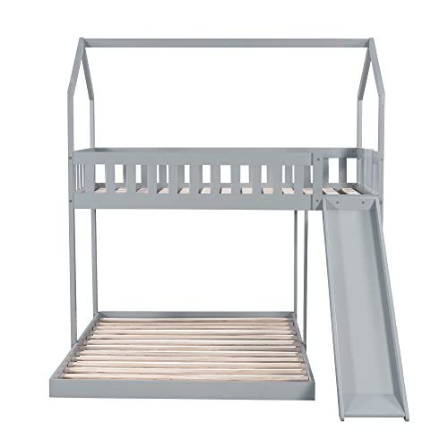 GLORHOME Twin Over Full House Bunk Bed， Detachable to Floor Bedframe and A Loftbed, with Slide, Built-in Ladder,Full-Length Guardrail for Kids Adults,Roof can be Decorated