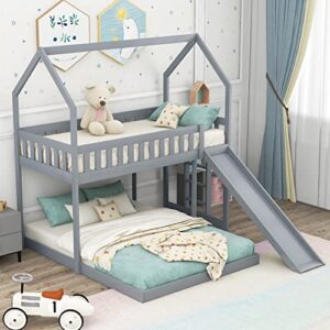 GLORHOME Twin Over Full House Bunk Bed， Detachable to Floor Bedframe and A Loftbed, with Slide, Built-in Ladder,Full-Length Guardrail for Kids Adults,Roof can be Decorated