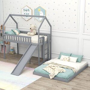 GLORHOME Twin Over Full House Bunk Bed， Detachable to Floor Bedframe and A Loftbed, with Slide, Built-in Ladder,Full-Length Guardrail for Kids Adults,Roof can be Decorated