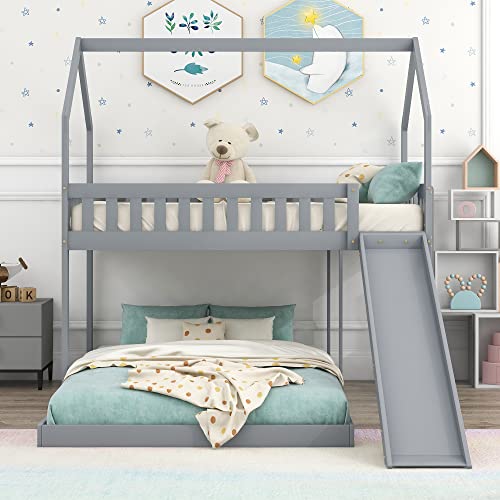 GLORHOME Twin Over Full House Bunk Bed， Detachable to Floor Bedframe and A Loftbed, with Slide, Built-in Ladder,Full-Length Guardrail for Kids Adults,Roof can be Decorated