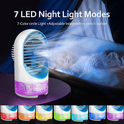 Portable Air Conditioner Fan Personal Air Cooler with 3 Speeds Wind and 7 Color LED Light Small Evaporative Cooling Fan Mini Humidifier Misting Fan for Bedroom, Home, Office