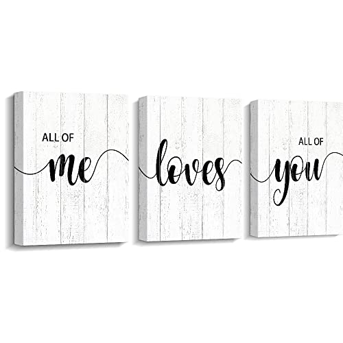 Creoate Wrapped Canvas Art - All of Me Loves All of You Wall Decor, Print Quote Artwork Bedroom Above Bed Home Decoration, Minimalist Wall Art, White, Small but Cute, 8x12 Inch x3pcs