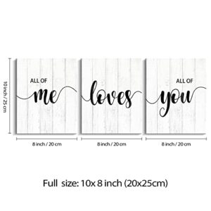 Creoate Wrapped Canvas Art - All of Me Loves All of You Wall Decor, Print Quote Artwork Bedroom Above Bed Home Decoration, Minimalist Wall Art, White, Small but Cute, 8x12 Inch x3pcs