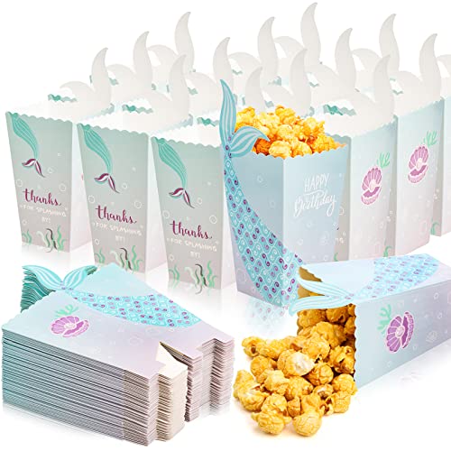 Yesland 120 Pcs Popcorn Boxes, 4.75 Inches Tall Mini Blue Mermaid Popcorn Containers Boxes Open-Top Paper Popcorn Bags Individual Servings for Movie Theater Night, Carnival, Girl's Birthday