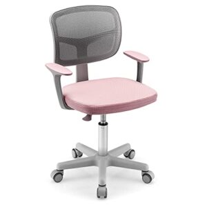 costzon kids desk chair, children study computer chair with adjustable height, lumbar support, sit-brake casters, swivel mesh seat, ergonomic kids task chair for 3-10, home, school, office (pink)