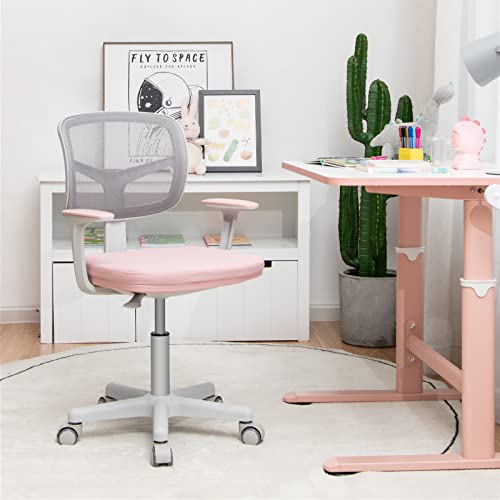 Costzon Kids Desk Chair, Children Study Computer Chair with Adjustable Height, Lumbar Support, Sit-Brake Casters, Swivel Mesh Seat, Ergonomic Kids Task Chair for 3-10, Home, School, Office (Pink)