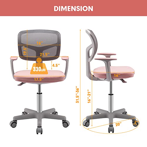 Costzon Kids Desk Chair, Children Study Computer Chair with Adjustable Height, Lumbar Support, Sit-Brake Casters, Swivel Mesh Seat, Ergonomic Kids Task Chair for 3-10, Home, School, Office (Pink)