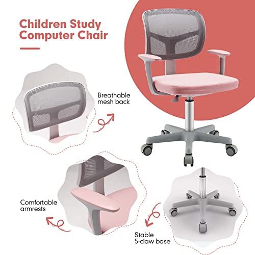 Costzon Kids Desk Chair, Children Study Computer Chair with Adjustable Height, Lumbar Support, Sit-Brake Casters, Swivel Mesh Seat, Ergonomic Kids Task Chair for 3-10, Home, School, Office (Pink)