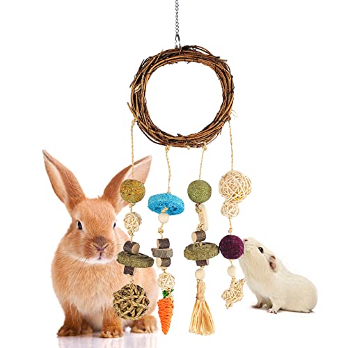 Small Pet Bunny Chew Toys, Bunny Cage Hanging Chew Toys, Handmade Rattan Ring Toys with All Natural Snacks for Bunnies Chinchillas Hamsters Guinea Pigs Teeth Grinding Exercise and Fun