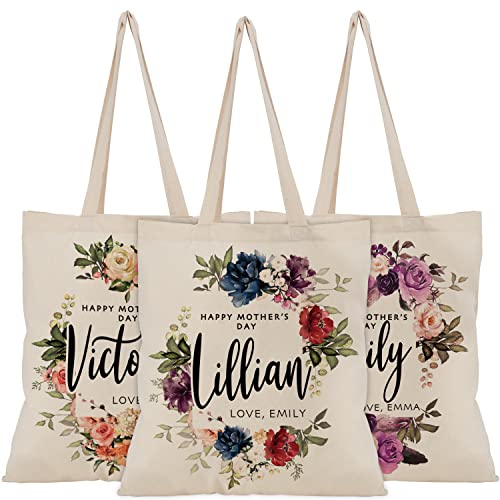 Personalized Mothers Day Canvas Gift Bag w/Names - Customized Floral Mom Large Goodie Bags Custom Tote for Mother's Gifts Mommy Grandma from Daughter Son, C1, Beige, ''15”x16” inches