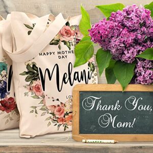 Personalized Mothers Day Canvas Gift Bag w/Names - Customized Floral Mom Large Goodie Bags Custom Tote for Mother's Gifts Mommy Grandma from Daughter Son, C1, Beige, ''15”x16” inches