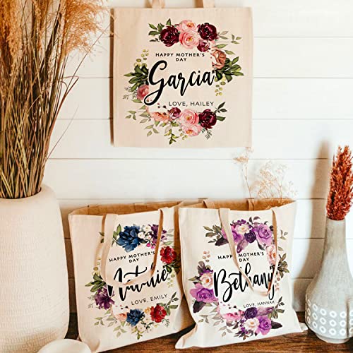 Personalized Mothers Day Canvas Gift Bag w/Names - Customized Floral Mom Large Goodie Bags Custom Tote for Mother's Gifts Mommy Grandma from Daughter Son, C1, Beige, ''15”x16” inches