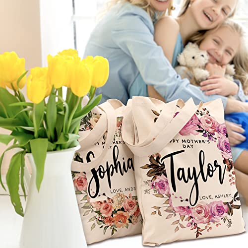 Personalized Mothers Day Canvas Gift Bag w/Names - Customized Floral Mom Large Goodie Bags Custom Tote for Mother's Gifts Mommy Grandma from Daughter Son, C1, Beige, ''15”x16” inches