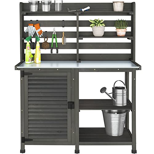 GDLF Potting Bench Table Large Garden Outdoor Work Bench Metal Tabletop Workstation with Storage Cabinet Shelf Dark Grey