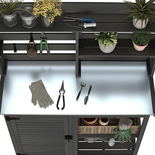 GDLF Potting Bench Table Large Garden Outdoor Work Bench Metal Tabletop Workstation with Storage Cabinet Shelf Dark Grey