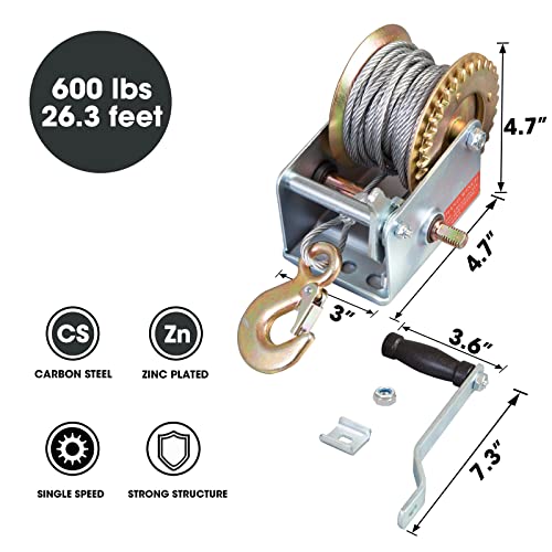 BIG RED ATRT1061CR Torin 600lbs Capacity Manual Hand Crank Winch with 26.3FT Steel Cable