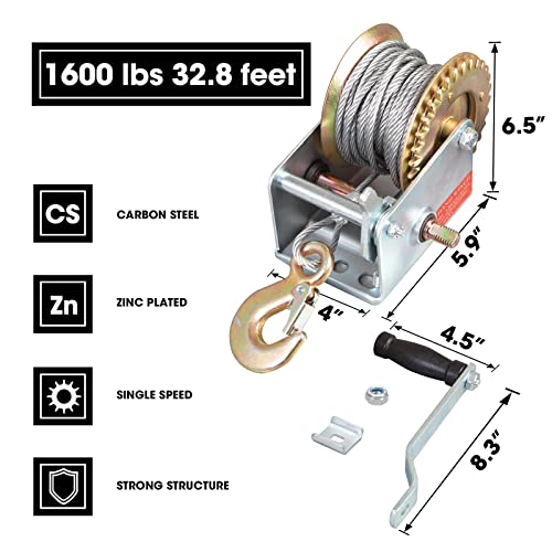 Torin ATRT1061CB 600lbs Capacity Boat Trailer Hand Winch with Two-Way Ratchet,Silver