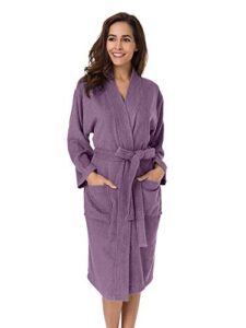 sioro terry cloth robe for women kimono long cotton bathrobe for spa shower hot tub hotel, soft absorbent fuzzy towel robe bata de baño with pockets, plum medium