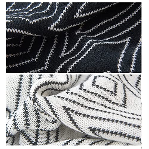 Queenshin 100% Cotton Black and White Geometric Knit Throw, Lightweight Cozy Fluffy Bed Sofa Knitted Blanket 50 * 70 Inch