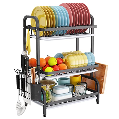 1Easylife Dish Drying Rack, 3 Tier Dish Rack with Tray Utensil Holder, Large Capacity Dish Drainer with Cutting Board Holder Drain Board Tray for Kitchen Counter Organizer Storage (Gray)