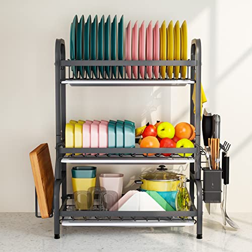 1Easylife Dish Drying Rack, 3 Tier Dish Rack with Tray Utensil Holder, Large Capacity Dish Drainer with Cutting Board Holder Drain Board Tray for Kitchen Counter Organizer Storage (Gray)