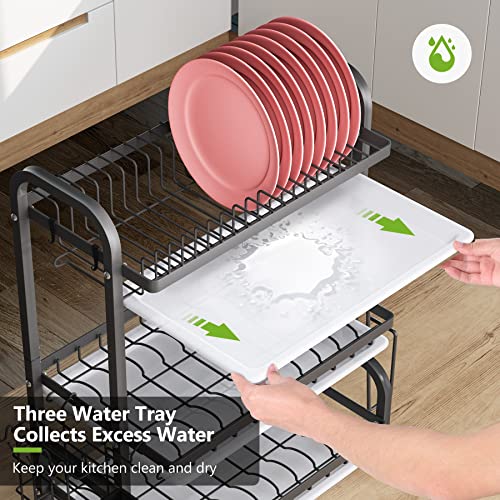 1Easylife Dish Drying Rack, 3 Tier Dish Rack with Tray Utensil Holder, Large Capacity Dish Drainer with Cutting Board Holder Drain Board Tray for Kitchen Counter Organizer Storage (Gray)