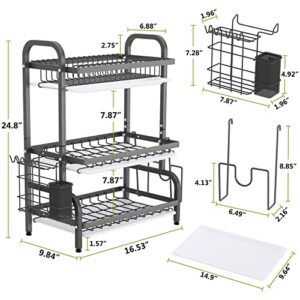 1Easylife Dish Drying Rack, 3 Tier Dish Rack with Tray Utensil Holder, Large Capacity Dish Drainer with Cutting Board Holder Drain Board Tray for Kitchen Counter Organizer Storage (Gray)