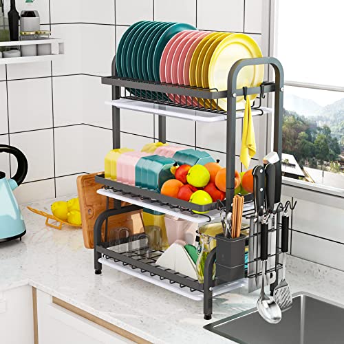 1Easylife Dish Drying Rack, 3 Tier Dish Rack with Tray Utensil Holder, Large Capacity Dish Drainer with Cutting Board Holder Drain Board Tray for Kitchen Counter Organizer Storage (Gray)