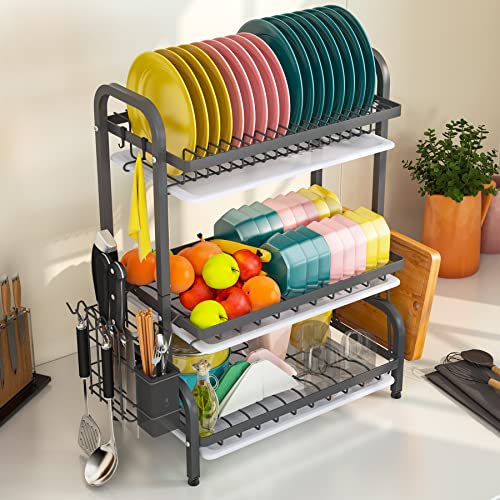 1Easylife Dish Drying Rack, 3 Tier Dish Rack with Tray Utensil Holder, Large Capacity Dish Drainer with Cutting Board Holder Drain Board Tray for Kitchen Counter Organizer Storage (Gray)