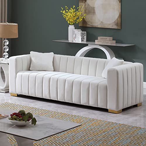 Familymill 87'' Modern Premium Velvet 3-Seater Sofa Couch with Metal Base Legs and 2 Pillows for Living Room/Bedroom, Ivory White